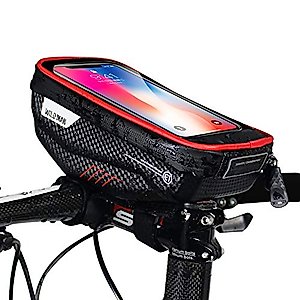Bike Handlebar Bag, Waterproof Bicycle Frame Handlebar Bag Accessories Cycling Front Top Tube Pouch Pannier Bike Phone Mount Holder Stand for iPhone 15 14 13 12 11 Pro MAX XS XR Smartphone up to 6.7''