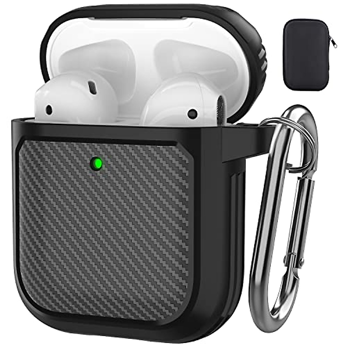 Compatible Airpod Case for Men Full-Body Rugged Protective Carbon Fiber airpod case Texture Skin Series for Apple AirPods 2 & 1 case Cover with Keychain for Apple Airpods-Black