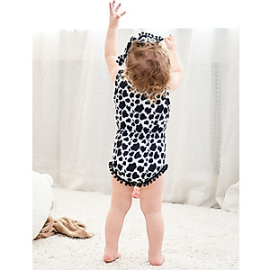 Ahegao Infant Girls Cow Print Rompers for Toddlers Cute Black and White Dots Bodysuits Crewneck Buttons Snap Design Jumpsuits with Tassel Kids Boy Casual Sleeveless Outfits Lovely Clothes, 3-6 Months