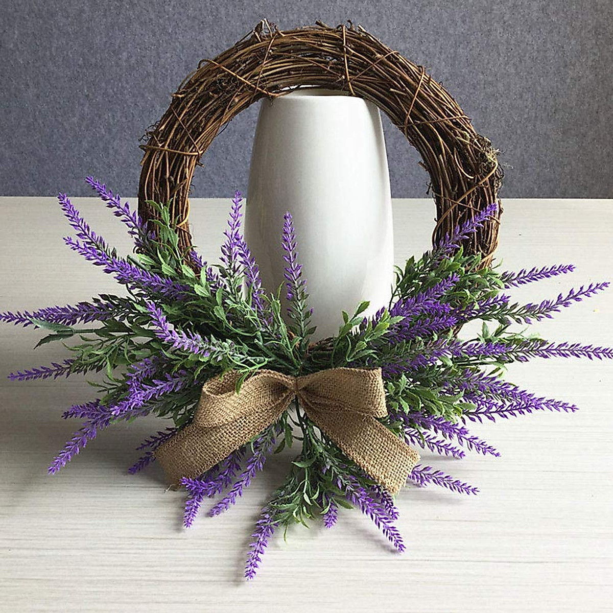 YINKUU 14 Inch Artificial Lavender Wreath, Silk Lavender Wreath with Bow, Spring Summer Hanging Wreath for Front Door Window Wall Wedding Party Home Garden Christmas Decor, Purple,