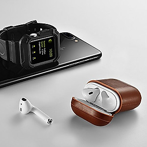 AirPods Case, ICARER Genuine Airpods Leather Case (The Front LED Visible) Wireless Charging Cover for Apple Airpod 2 & 1 (Brown)