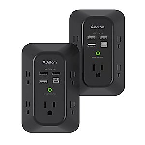 2 Pack USB Wall Charger Surge Protector, 5 Outlet Extender with 4 USB Charging Ports (1 USB C Outlet) 3 Sided 1800J Power Strip Multi Plug Outlets, Wall Adapter Spaced for Home Office, Black
