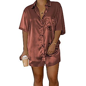 Ekouaer Satin Pajamas Womens Lightweight Sleepwear Short Sleeve Sleep Shirt Boyfriend Top and Shorts 2 Piece Silk PJ Set Brown,S