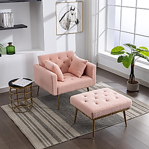 YuiHome 36.61'' Wide Modern Accent 3 Positions Adjustable Backrest, Tufted Chaise Lounge Chair, Single Recliner Armchair with Ottoman and Gold Legs for Living Room, Bedroom,Pink