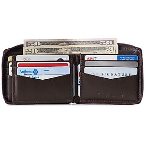 Alpine Swiss Logan Zipper Bifold Wallet For Men or Women RFID Safe York Collection Smooth Finish Brown