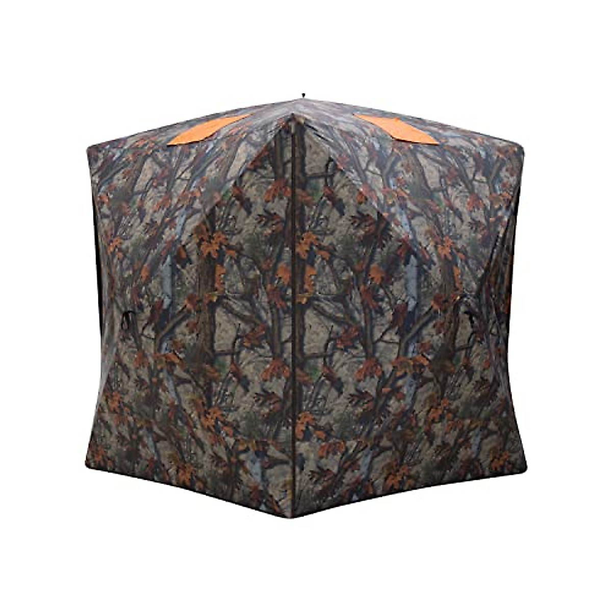 Tag Out Hub Hunting Blind, 3 Person Pop Up Ground Blind, Bloodtrail Woodland Camo and blaze orange safety panels, TA350BT, By Barronett Blinds, 90x90"