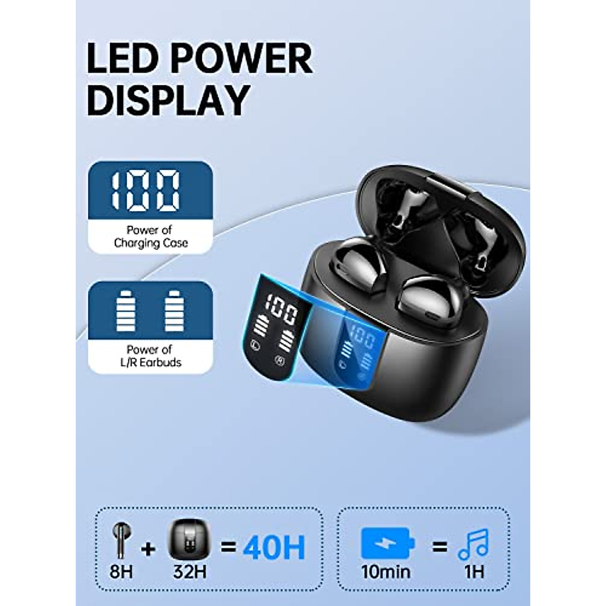 Wireless Earbud Bluetooth 5.3 Headphones with Clear Sound, 40H Playtime, Sport Earbud Touch Control with LED Digital Display, IP7 Waterproof Bluetooth Earphones Built-in Mic for Android iOS Workout