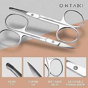 ONTAKI Curved and Rounded Facial Hair Scissors for Men - Mustache, Nose Hair & Beard Trimming Scissors, Safety Use for Eyebrows, Eyelashes, and Ear Hair - Professional Stainless Steel (Silver)