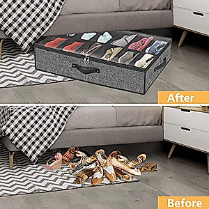 Under Bed Shoe Storage Organizer Fits 12 Pairs- Underbed Shoe Container Solution Shoes Box Bins with Clear Window for Sneakers,High Heels,Flip Flop(Black)