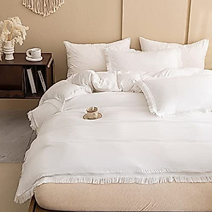White Bedding Queen Boho Duvet Cover Set Shabby Chic Home Decor Tufted Tassel Beding Bohemian Farmhouse Bedding Set 1 Duvet Cover 2 Pillowcases (White, Queen)