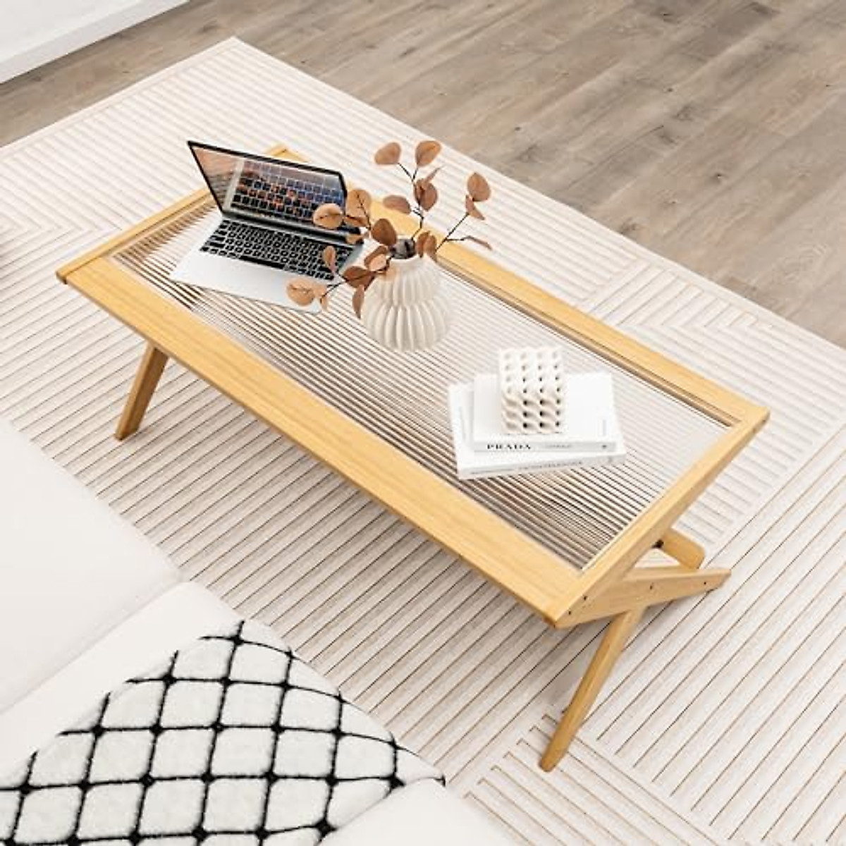 GOFLAME Bamboo Coffee Table, 2-Tier Rectangular Coffee Table with Glass Tabletop, Modern Center Table with Handwoven Rattan Storage Shelf, 48” Tea Table Cocktail Table for Living Room, Office, Natural