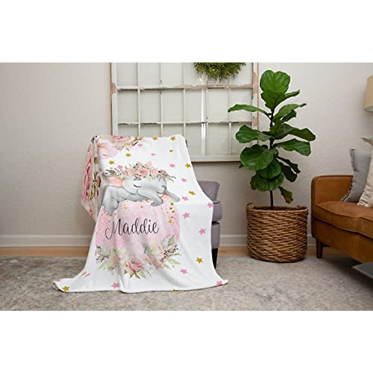 LIFESTYLE BLANKETS Personalized Baby Blankets for Girls with Pink Floral Stars - Custom Elephant Baby Blanket Can be Added to Baby Registry Search and Makes a Great Gift for a New Mom.