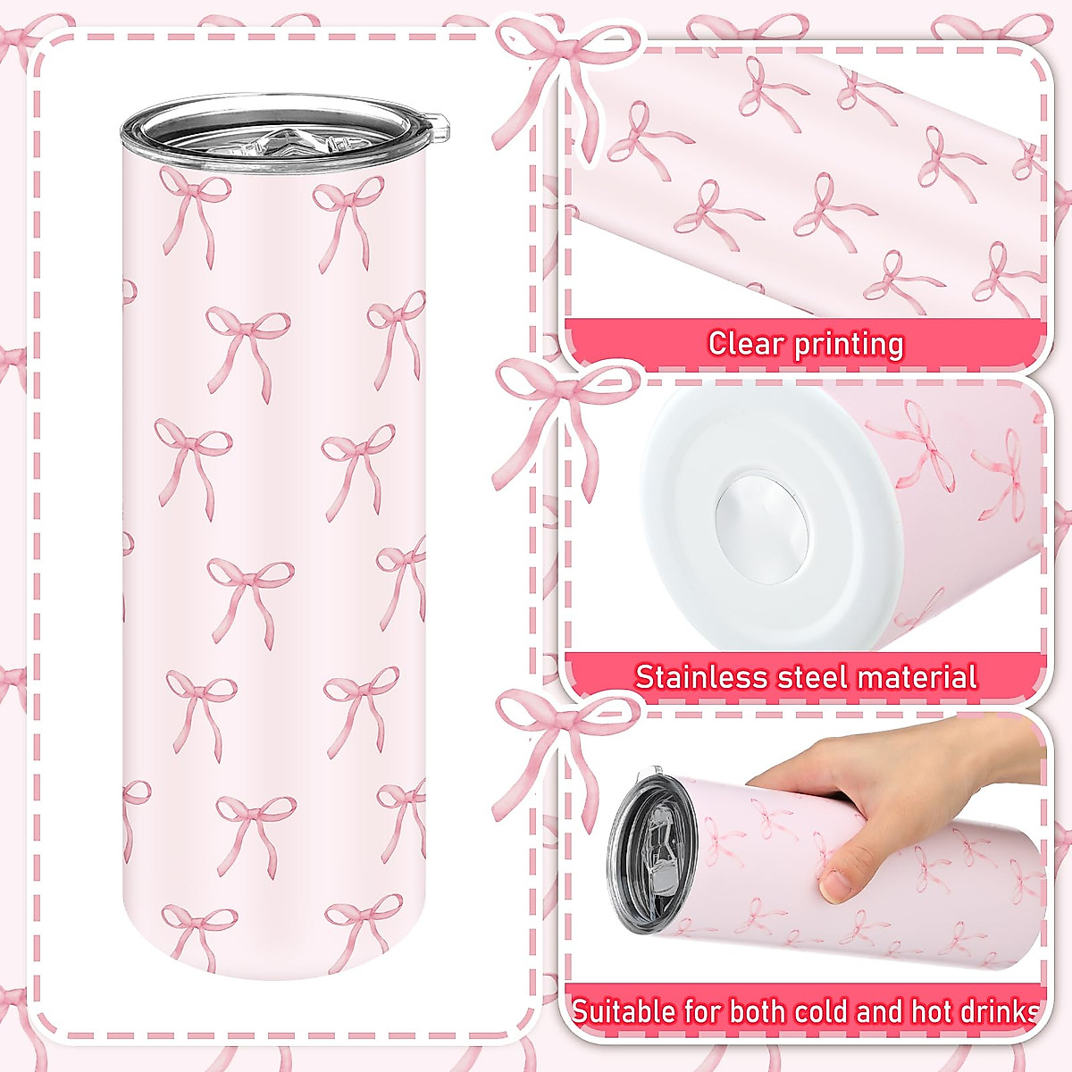 Skylety Pink Bow Tumbler with Lid and Straw, 20 oz Coquette Bow Stainless Steel Drinking Cup for Women Friend Birthday Party Gifts