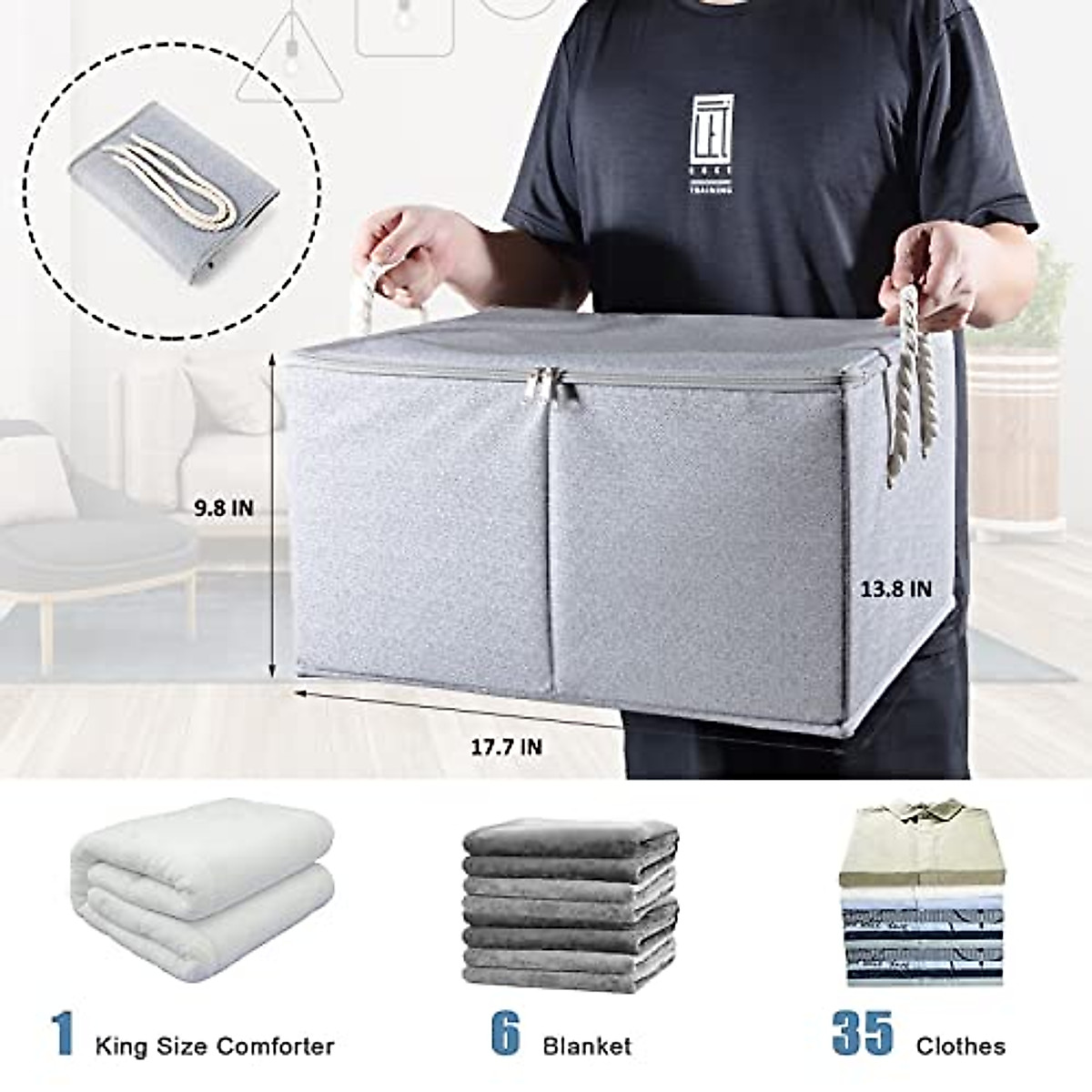 jeadwwr Large Foldable Storage Bins with Lids for Organizing, Fabric Storage Boxes with Lids for Shelves, 2-Pack Clothes Baskets with Cotton Rope Handles Zip Closet Bins (Ash Grey, 17.7x13.8x9.8in)