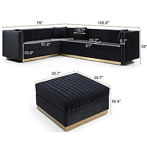 ivoros Velvet Sofa Set with Ottoman, Modern Channel Tufted Sofas Couch with 4 Pillows, 6 Seater L-Shape Convertible Corner Modular Sectional Couches for Living Room, Apartment and Office (Black)