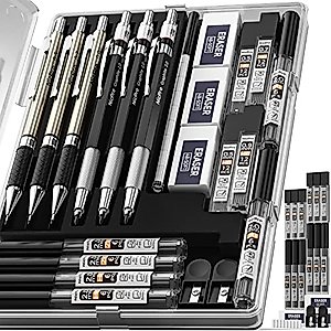 Nicpro 6PCS Art Mechanical Pencils Set, 3 PCS Metal Drafting Pencil 0.5 mm & 0.7 mm & 0.9 mm & 3 PCS 2mm Graphite Lead Holder (2B HB 2H) For Writing, Sketching Drawing With 12 Tube Lead Refills Case