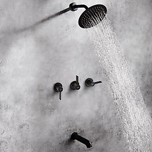 Matte Black 3 Handle Shower Faucet Set with Tub Spout, Tub and Shower Trim Kit with Rough-in Valve, Bathroom Rain Mixer Shower System, Rainfall Bathtub Shower Faucets