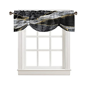 Tie Up Kitchen Curtain Valance Black White Marble with Gold Stripe Adjustable Window Shade Valances Rod Pocket Small Windows Treatment Panel for Bathroom Bedroom,42"x12",Abstract Stone Agate Texture