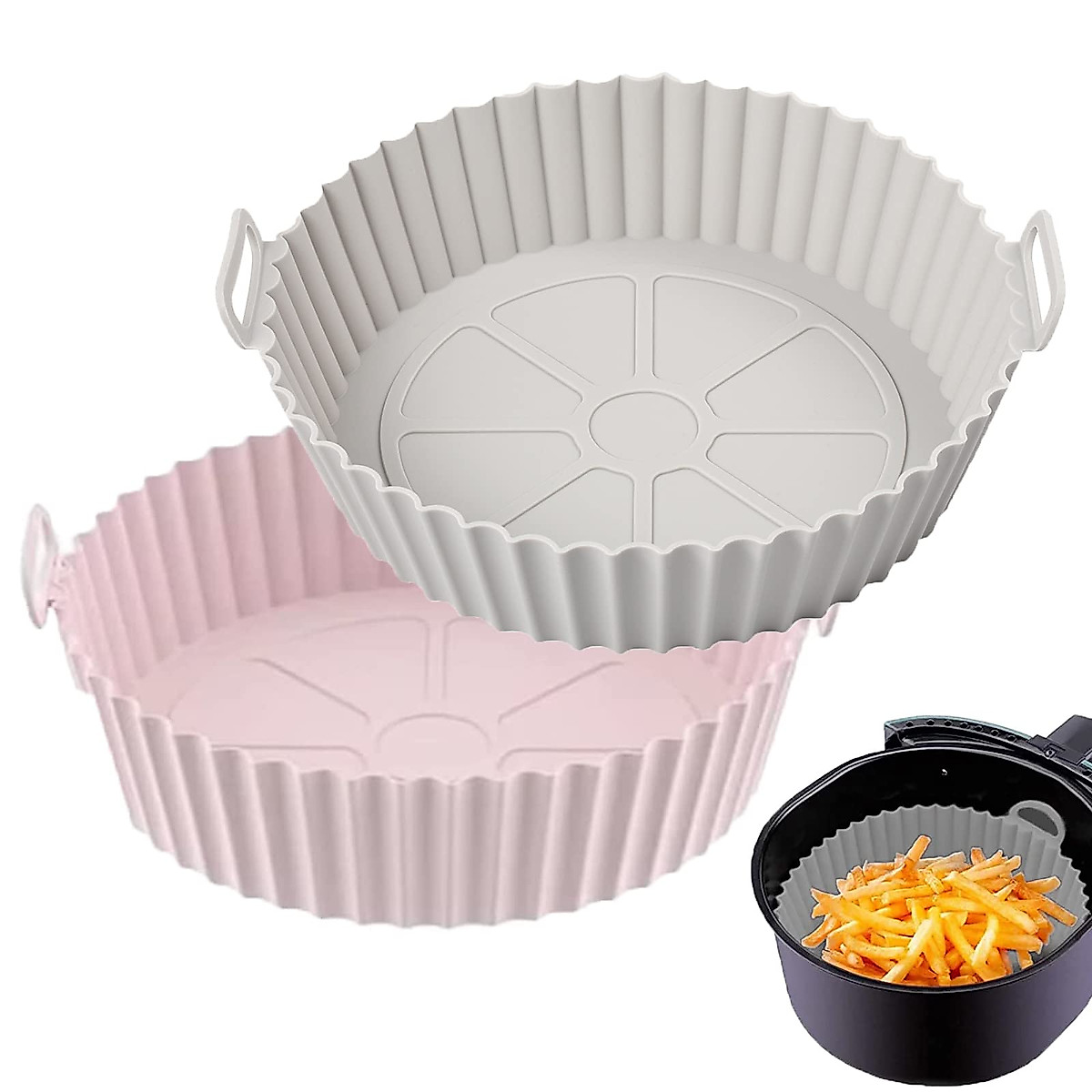 Air Fryer Silicone Liners, Reusable Silicone Air Fryer Liners, 7.5 Inch Silicone Inserts for 3QT-5QT Air-Fryer, Silicone Pot Basket Air Fryer Oven Accessories, 2-Pack (Gray+Pink)