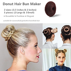 SQULIGT 5 PCS Donut Hair Bun Maker, Dark Brown Ring Style Bun Makers Set (2 Large and 3 Small)