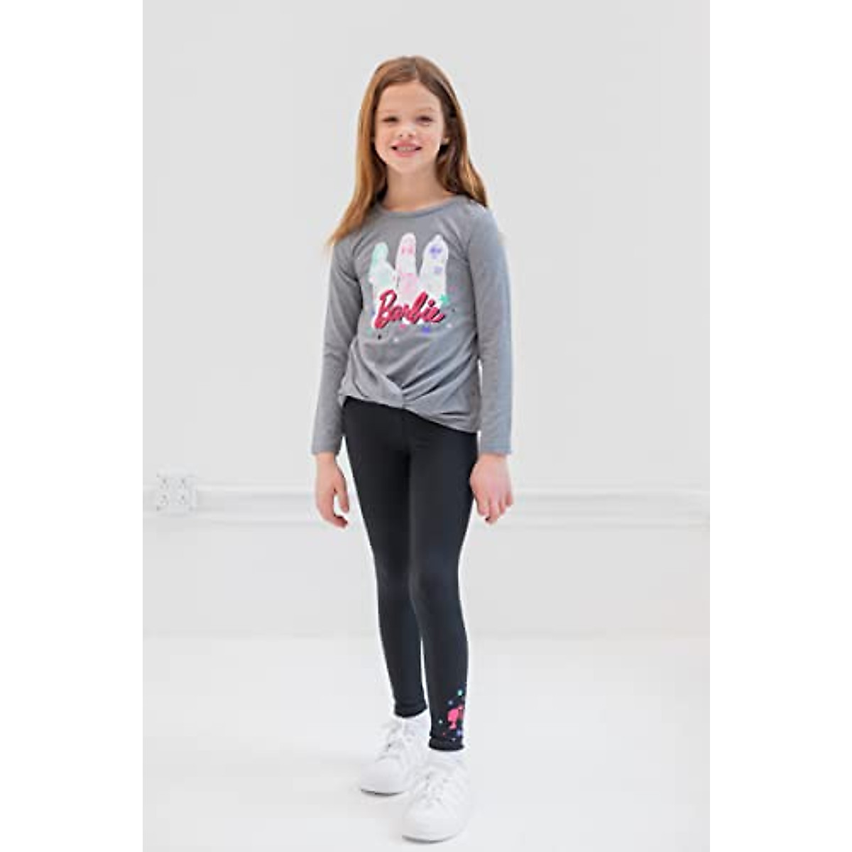 Barbie Little Girls Knotted Long Sleeve Graphic T-Shirt & Leggings Grey/Black 7-8
