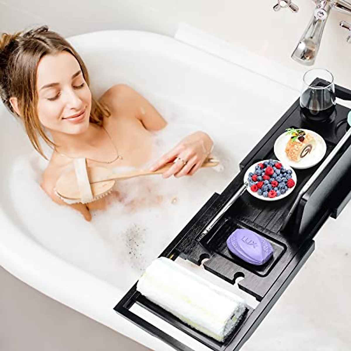 Bamboo Bathtub Caddy Tray,Expandable with Wine Slots and Book Holder Bath Tray for Tub, Organizer Bath Table Suitable for Luxury Spa or Reading