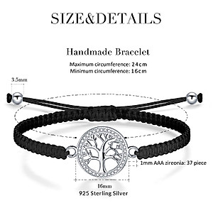 ZENI Tree of Life Bracelet for Women, Black Rope Bracelet 925 Silver Handmade Braided Adjustable Bracelet Love Friendship Christmas Bracelet Gifts