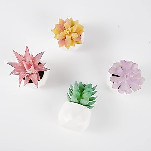 Set of 4 Mini Artificial Succulent Plants with White Geometric Ceramic Planters Faux Succulent for Bedroom Bathroom Bookshelf Office,Wedding Home Garden Decor（red/Green/Orange Yellow/Purple）