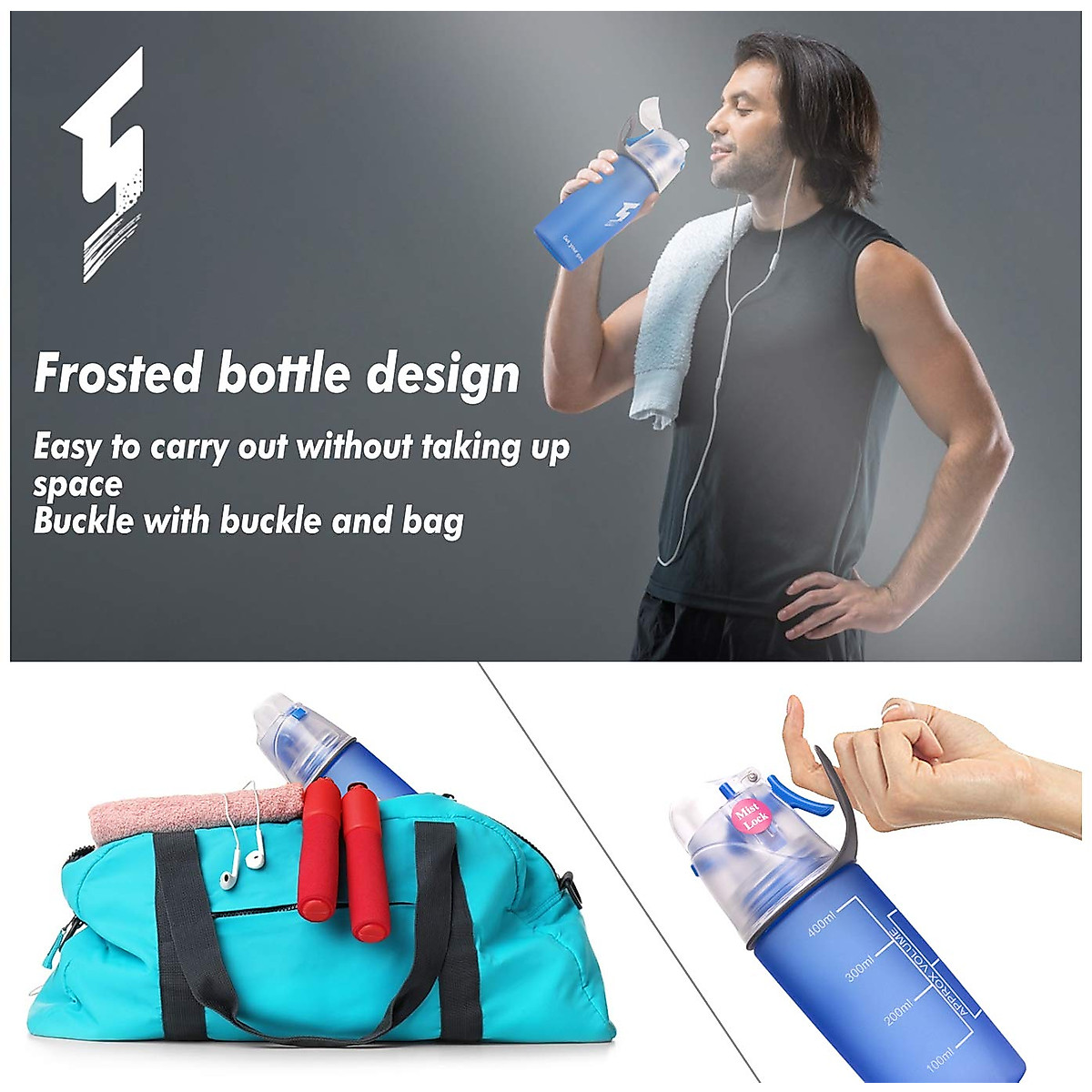 Linowos Drinking and Misting Sports Water Bottle, Non-Toxic BPA Free, Fast Water Flow Opens with 1-Click, Portable Leak-Proof Spray Cup for Cycling Fitness Camping Hiking Outdoor