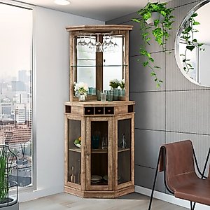 EROMMY Corner Bar, Home Liquor Storage Unit in High Density Board Finish with Built-in Wine Rack and Lower Cabinet, Hanging Stemware Rack, Burlywood