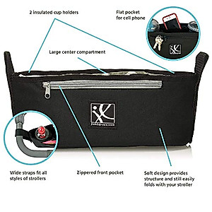 J.L. Childress Cargo 'N Drinks Parent Tray, Universal Stroller Organizer with Insulated Cup Holders, Folds into Stroller, Easy Velcro Attachment, Black with Chevron Interior