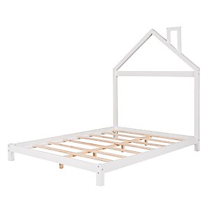 Full Size House Platform Bed Frame Mattress Foundation with Headboard/No Box Spring Needed/Easy Assembly, White