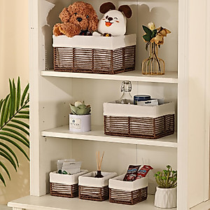 Vagusicc Wicker Storage Basket, Hand-Woven Paper Rope Wicker Baskets, Rectangular Small Wicker Baskets for Organizing, Cube Storage Bins for Closet/Clothes/Dresser, Brown, 5-Pack