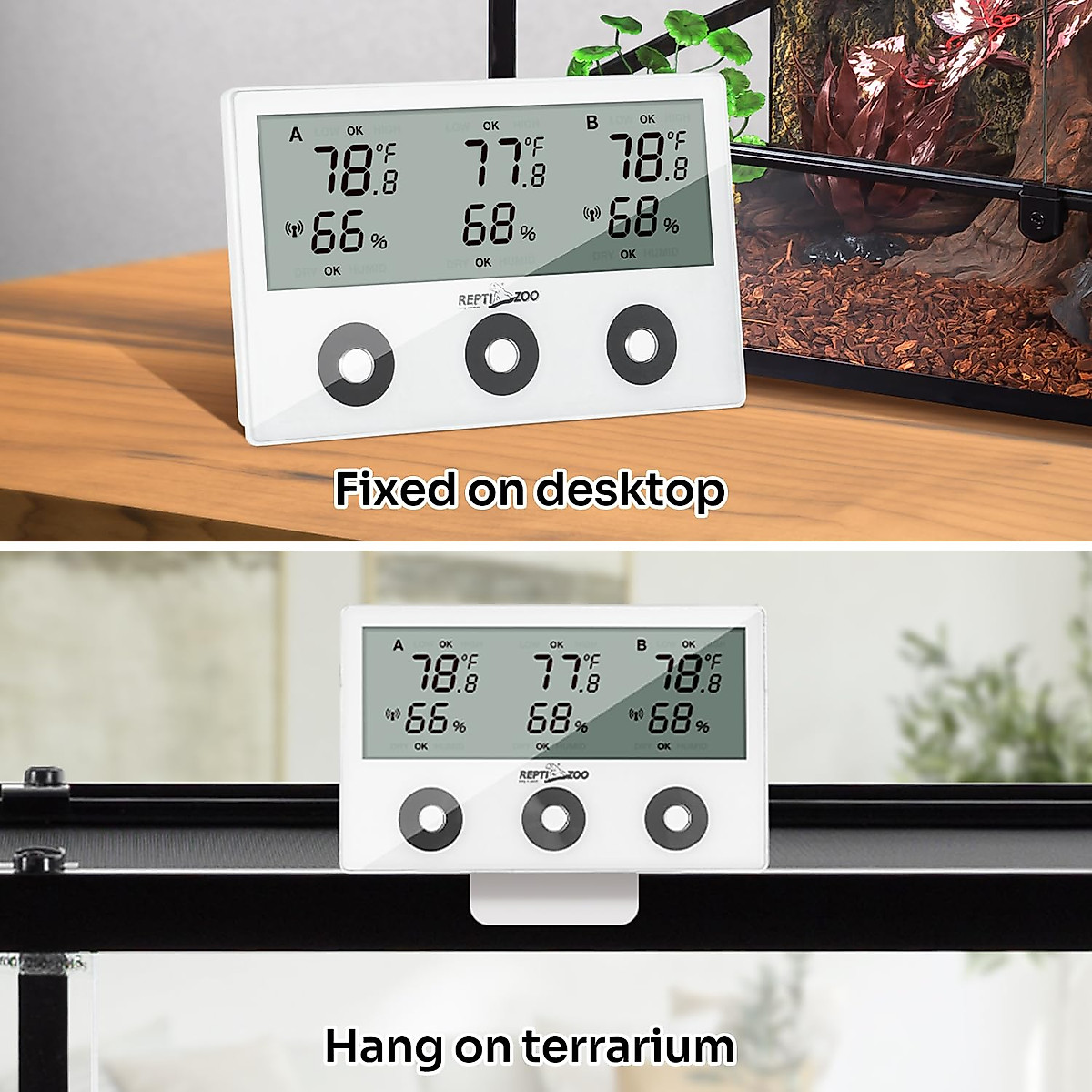 REPTI ZOO 3-Channel Reptile Thermometer Humidity Gauge, Wireless Digital Hygrometer with Alarm Function, Large Screen Display