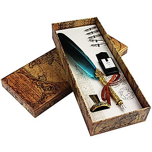 Feather Quill Pen Kit Including 1 Handmade Quill Feather Dip Pen 5 Replacement Nibs 1 Pen Nib Base Ink Pen Holder 1 Ink Bottle in Gift Box for Calligraphy Hand Writing (Blue)