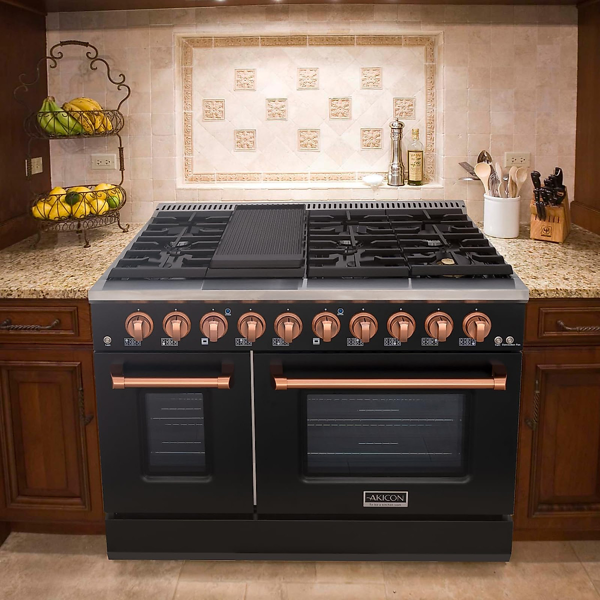Akicon 48" Slide-in Freestanding Professional Style Gas Range with 6.7 Cu. Ft. Oven, 8 Burners, Convection Fan, Cast Iron Grates, & Blue Porcelain Oven Interior, In Black with Copper