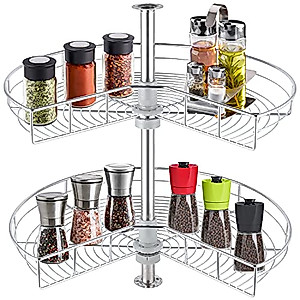 CLLVGOKD Kidney Chrome Lazy Susan, 28 Inch Lazy Susan Blind Corner Cabinet, 360° Rotating Corner Cabinet Lazy Susan, 2 Tier Adjustable Height, Lazy Susan Organizer for Cabinet Space Saving