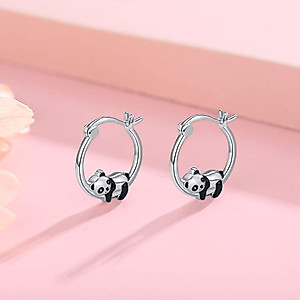 JUSTKIDSTOY Hypoallergenic Panda Hoop Earrings for Women Girls Sterling Silver Small Animal Huggie Hoop Earrings for Sensitive Ears Panda Jewelry Graduation Gifts for Daughter