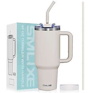 SMLIXE 40 oz Tumbler with Handle and Straw Lid,Insulated Reusable Stainless Steel Water Bottle Travel Mug，Cupholder Friendly Double Wall Vacuum Sealed Cup (Almond Birch)