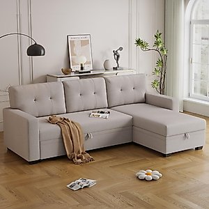 ACQCA 82" L Shaped Sleeper Sofa, Pull Out Couch Bed with Storage Chaise and 3 Tufted Back Cushion for Living Room,Apartment,Office,Beige