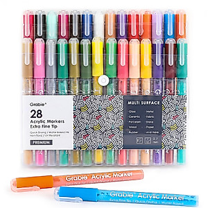 Grabie Acrylic Paint Pens - 28 Color Extra Fine Tip Markers for Painting Various Surfaces - Premium Art Supply Set