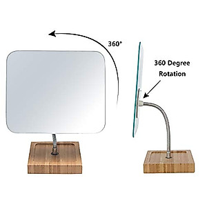 YEAKE Flexible Gooseneck Bamboo Vanity Makeup Mirror,360°Rotation 8" Large Frameless Vanity Mirror Folding Portable Table Desk Mirror with Stand Bathroom Shaving Make Up Mirrors Rectangle