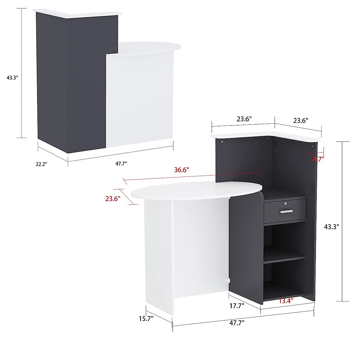 ECACAD Reception Desk with Lockable Drawer and Open Shelves, Office Desk Reception Counter Table, Dark Grey and White (50”W x 22.2”D x 43.3”H)