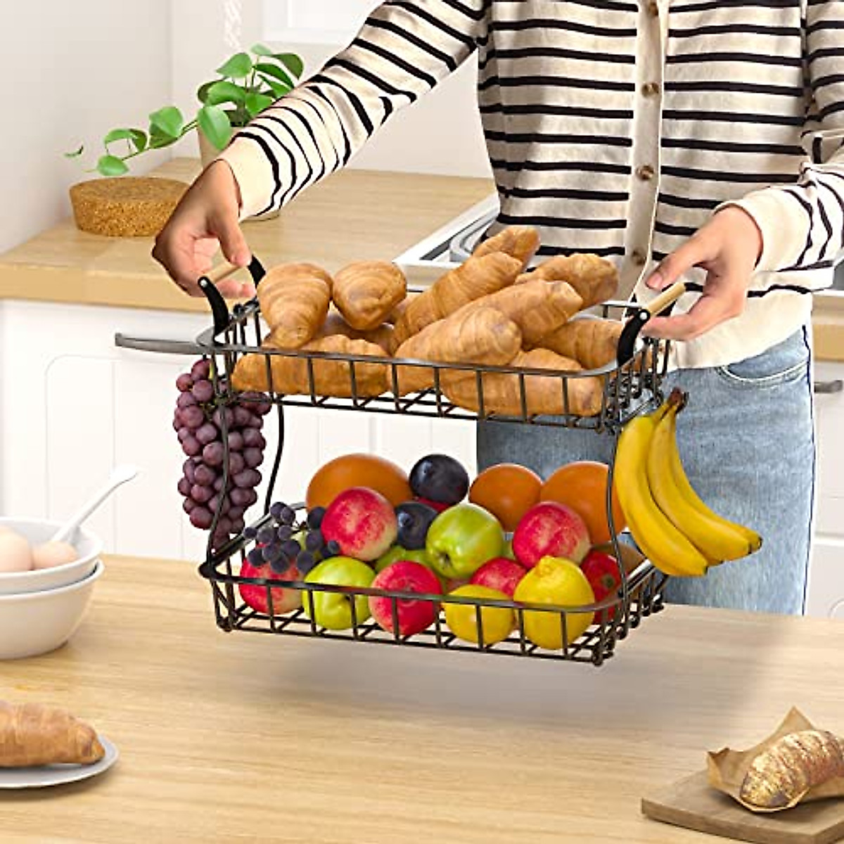 OKZEST 2 Tier Fruit Basket with 2 Banana Hangers, Vegetable Fruit Basket Bowl for Kitchen Countertop, Metal Fruit Storage Stand Holder Organizer for Bread Snack Potato Onion Produce
