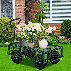 Hudada Garden Cart Heavy Duty Steel Utility Cart Yard Dump Wagon Cart Lawn Outdoor Utility Cart with Removable Sides and 10 Inch Wheels, Green