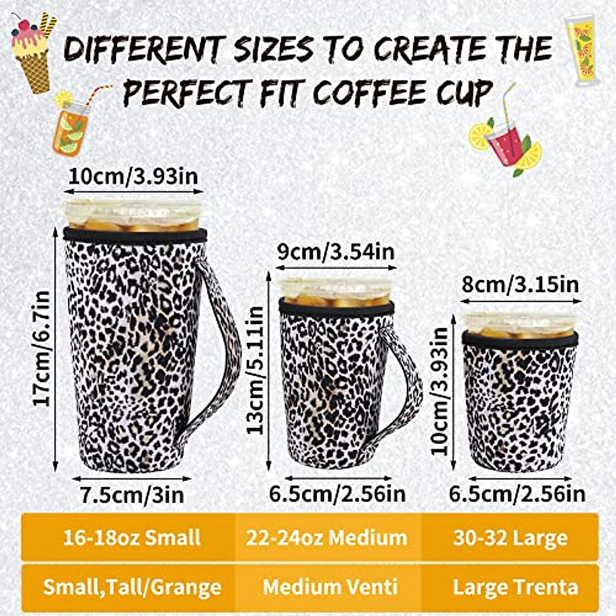 TIESOME Reusable Iced Coffee Sleeves, Leopard Print 3 Pieces Neoprene Cup Sleeve Coffee Cup Holder for Iced & Hot Drinks Beverages Sleeve for Most Coffee S+M+L 3 Size
