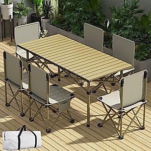 Vaian Multi Piece Set of Outdoor,Terrace Folding Dining Tables and Multiple Folding Chairs, Suitable for Courtyards, Gardens, Porch, and Poolsides (Wood Color 6 Chairs+1 Table)
