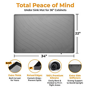 Under Sink Mat for 36” Standard Cabinet, 34" x 22" x 1" Durable & Long-Lasting Drip Tray with Unique Drain Hole, Silicone Under Sink Mats for Kitchen Waterproof by MBT Life