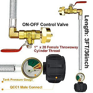 NQN Upgraded 36" Stainless Braided QCC1 Type Inlet Propane Refill Adapter Hose Extension Propane Refill Hose with Gauge and ON/Off Control Valve for 1LB Propane Gas Tank 350PSI High Pressure Camping