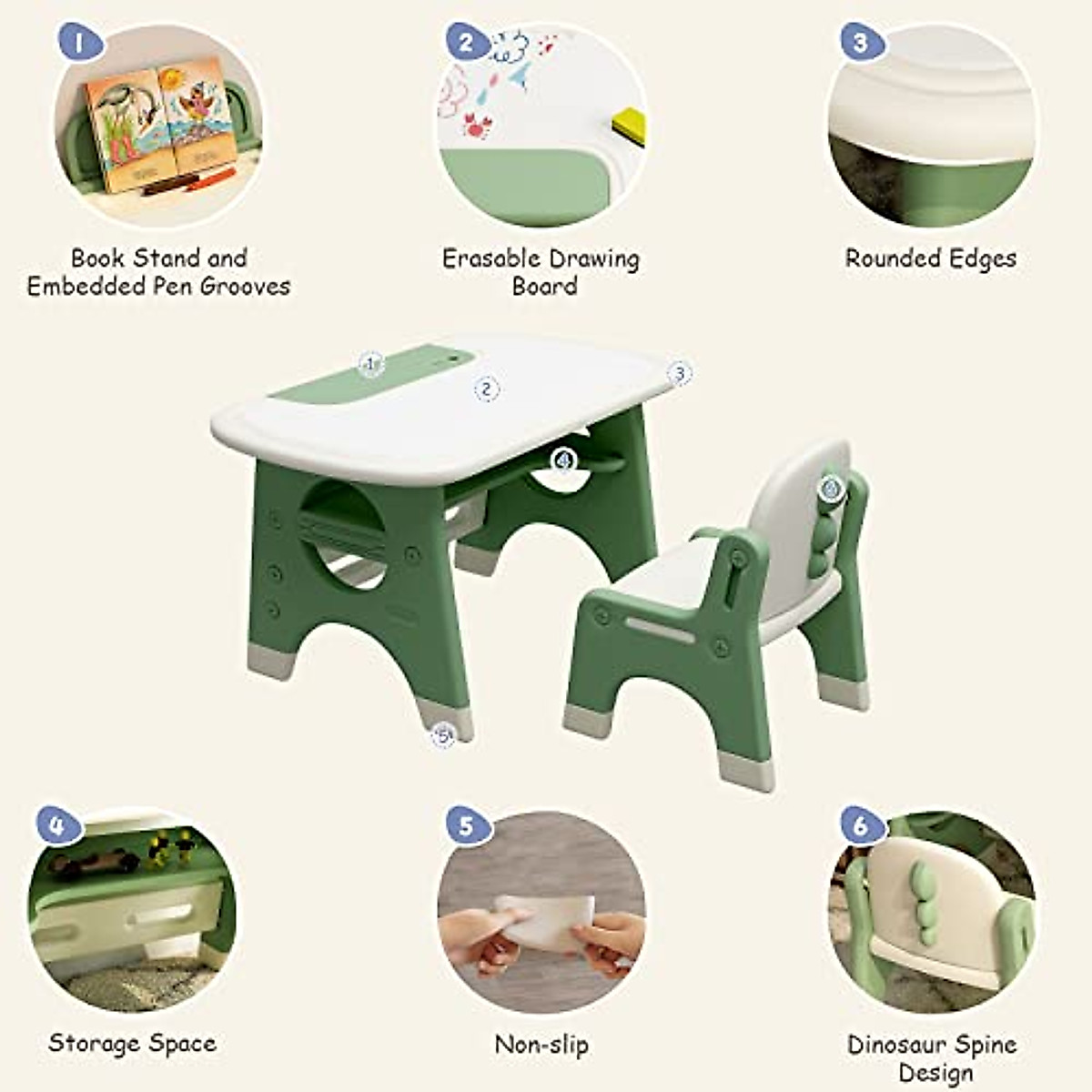 BanaSuper Kid's Drawing Table and Chair Set with Erasable Board Watercolor Pens Plastic Activity Table for Toddlers Children Desk Snack Time Homeschooling Homework Gift for Boy & Girl (Green)